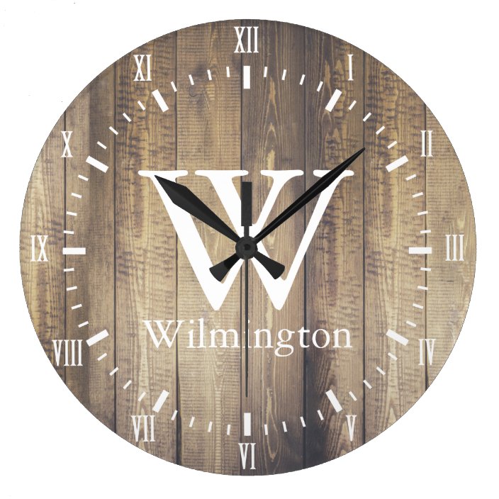 Rustic Barn Wood Planks White Roman Numerals Name Large Clock | Zazzle.com