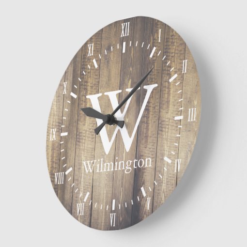 Rustic Barn Wood Planks White Roman Numerals Name Large Clock | Zazzle