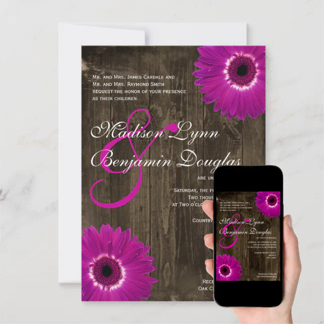 Rustic Barn Wood Purple Daisy Wedding Invitations | Zazzle