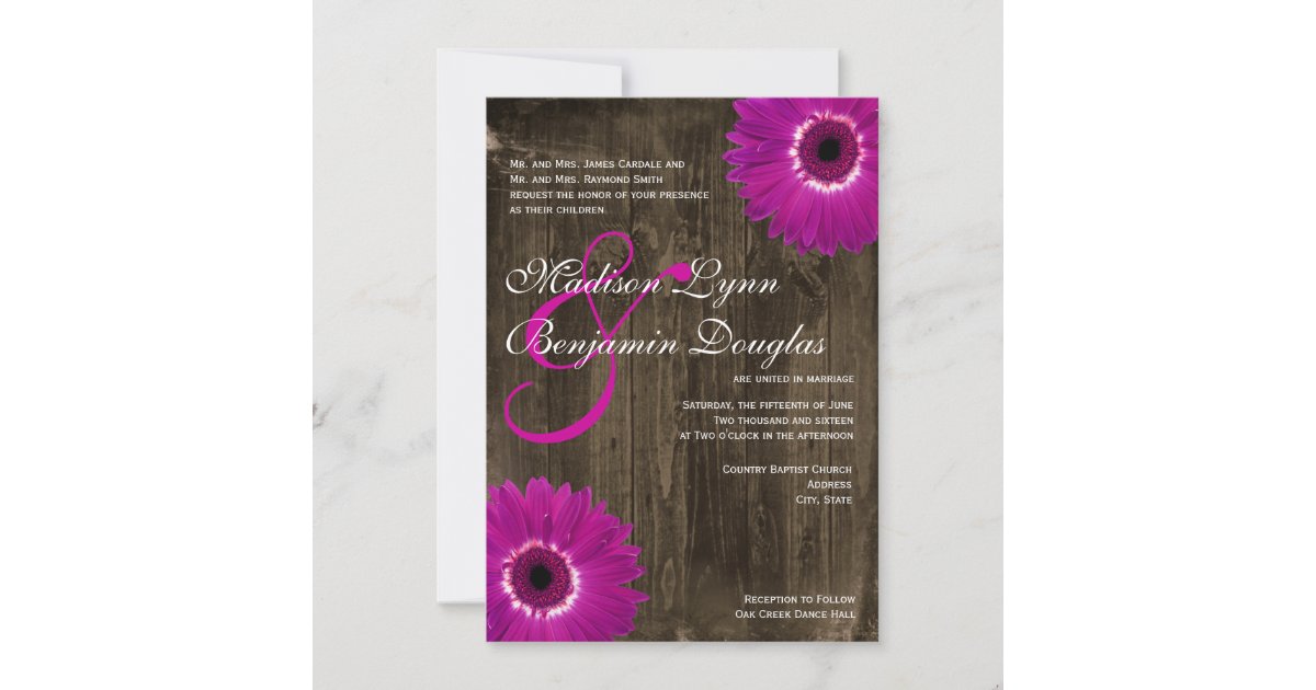 Rustic Barn Wood Purple Daisy Wedding Invitations | Zazzle