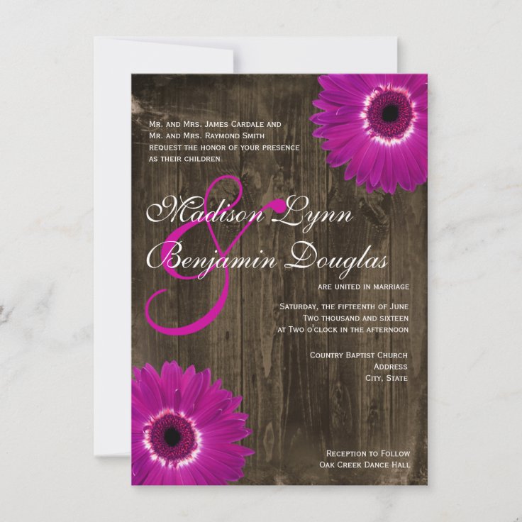 Rustic Barn Wood Purple Daisy Wedding Invitations | Zazzle
