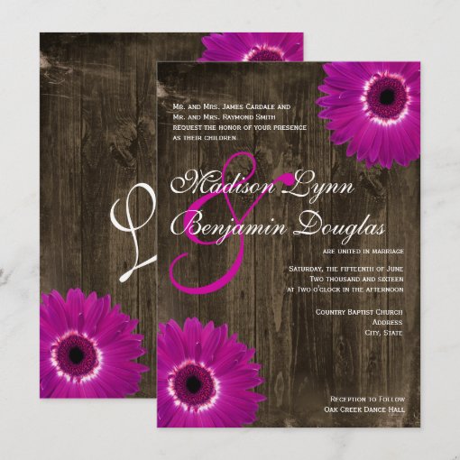 Rustic Barn Wood Purple Daisy Wedding Invitations | Zazzle