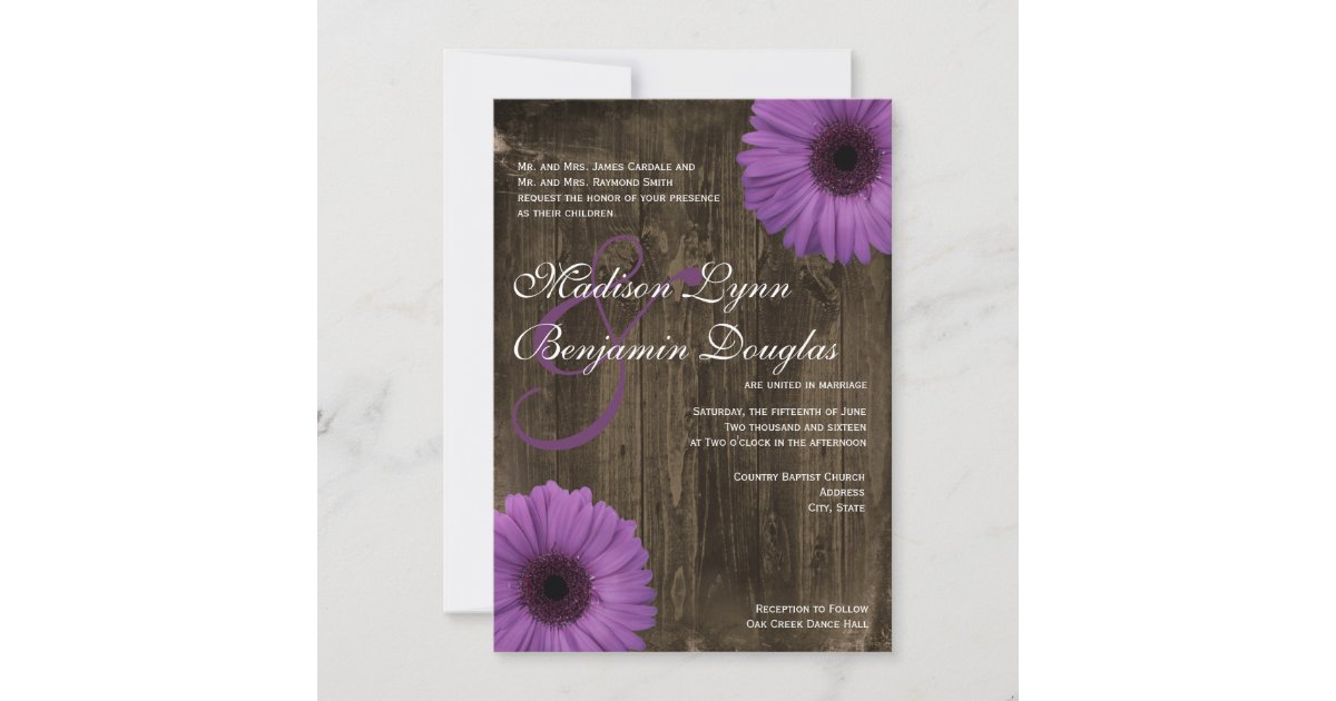 Rustic Barn Wood Purple Daisy Wedding Invitations | Zazzle
