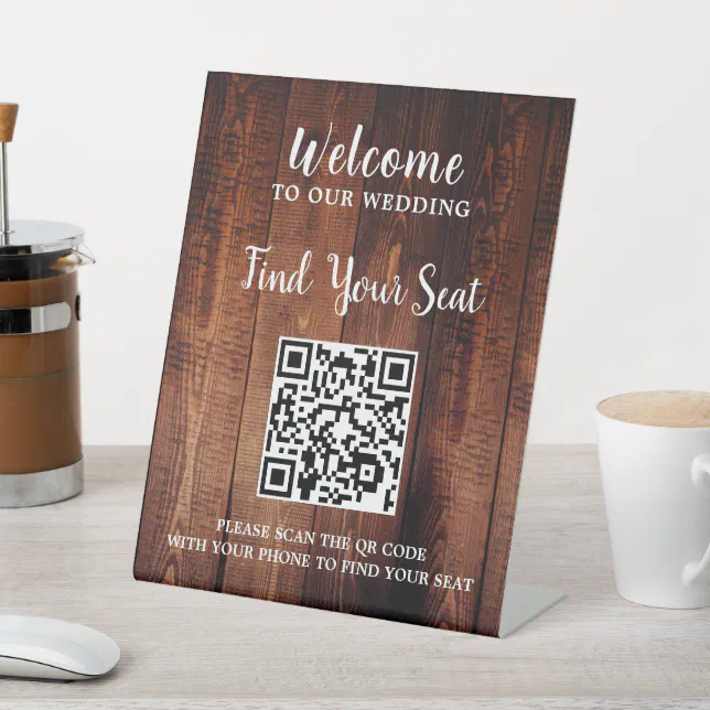 Rustic barn wood QR code wedding seating Pedestal Sign | Zazzle
