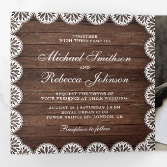 Rustic Barn Wood Scallop Lace Photo Wedding Tri-Fold Invitation | Zazzle