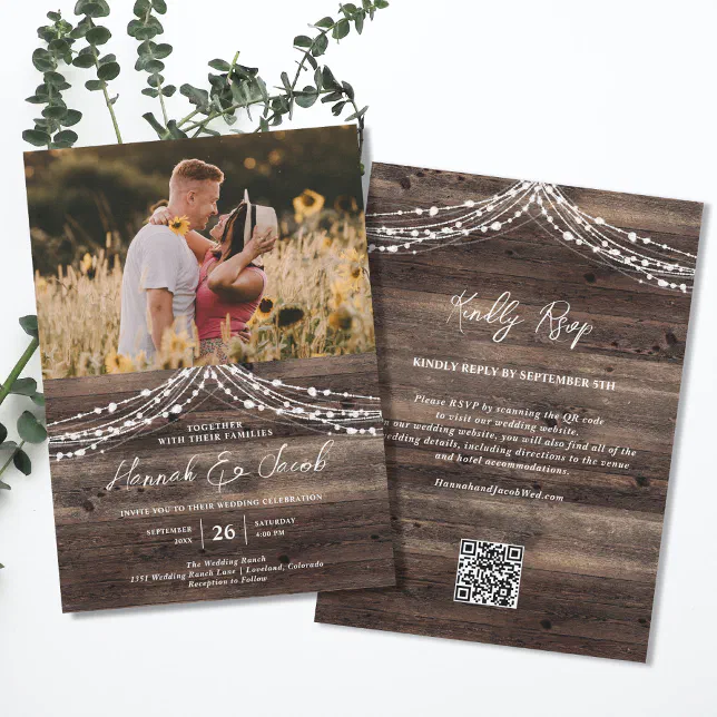 Rustic Barn Wood String Light QR Code RSVP Wedding Invitation | Zazzle