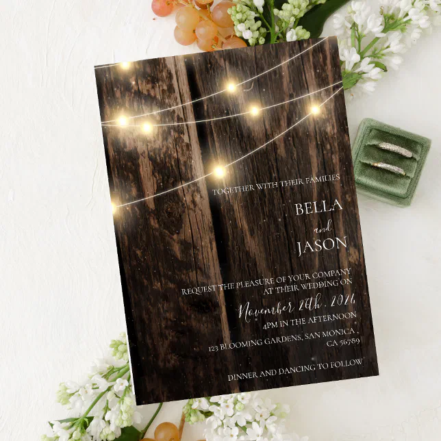 Rustic Barn Wood String Lights Country Wedding Invitation | Zazzle