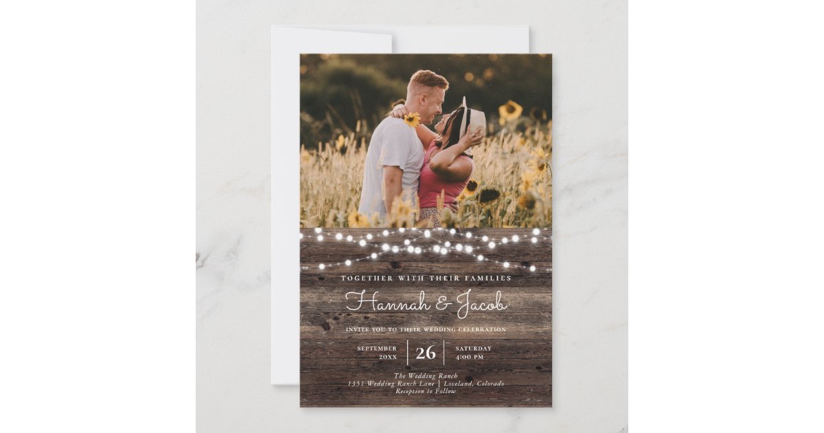 Rustic Barn Wood String Lights Photo Wedding Invitation | Zazzle