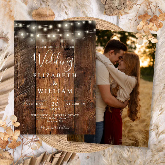 Rustic Barn Wood String Lights Photo Wedding Invitation | Zazzle