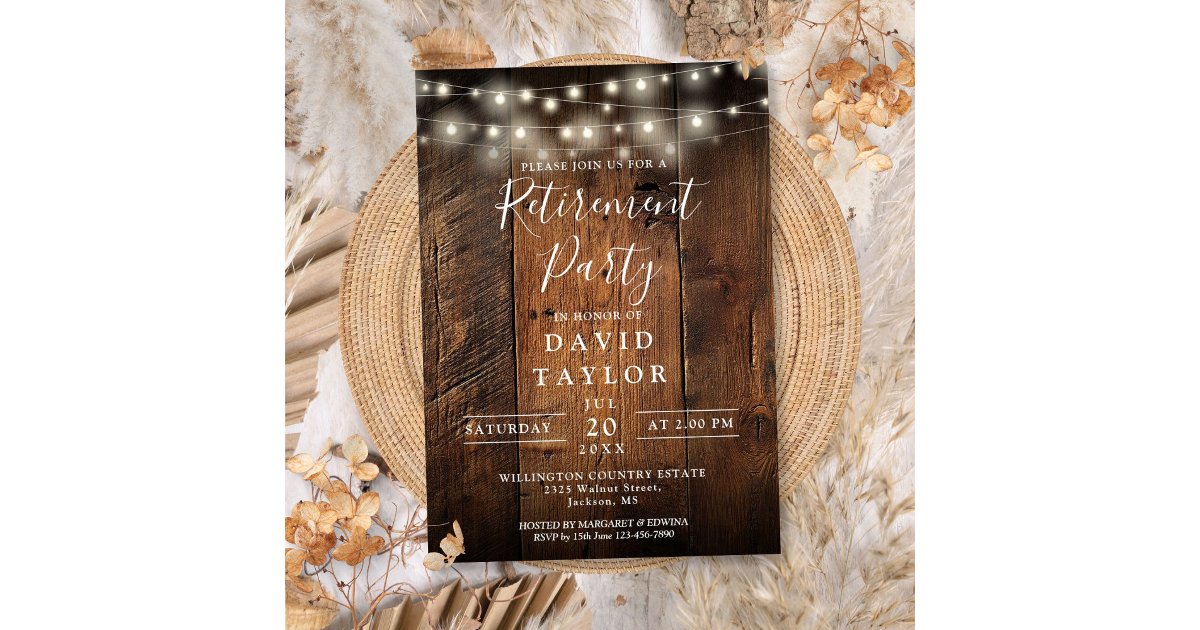 Rustic Barn Wood String Lights Retirement Party Invitation | Zazzle