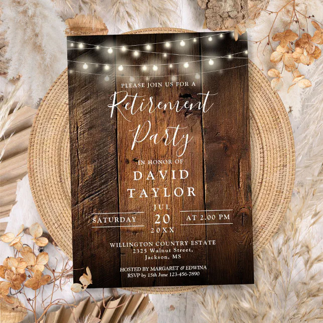 Rustic Barn Wood String Lights Retirement Party Invitation | Zazzle