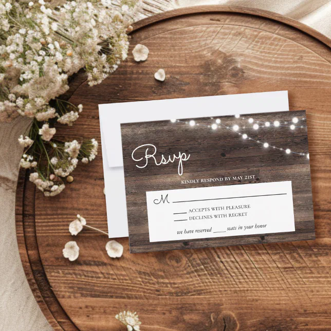 Rustic Barn Wood String Lights RSVP Card | Zazzle