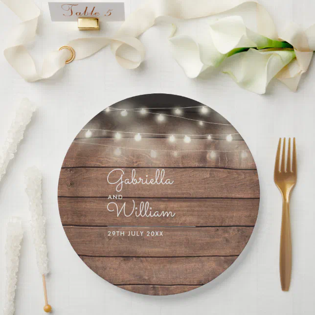 Rustic Barn Wood String Lights Script Wedding Paper Plates | Zazzle