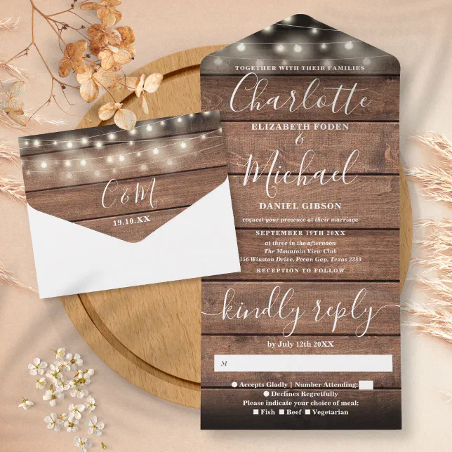 Rustic Barn Wood String Lights Wedding All In One Invitation | Zazzle