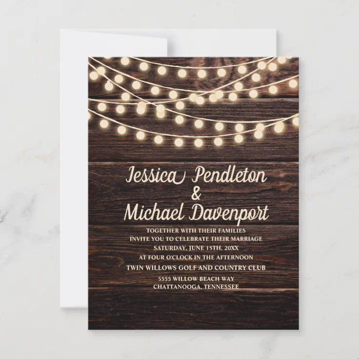 Rustic Barn Wood String Lights Wedding Invitation | Zazzle