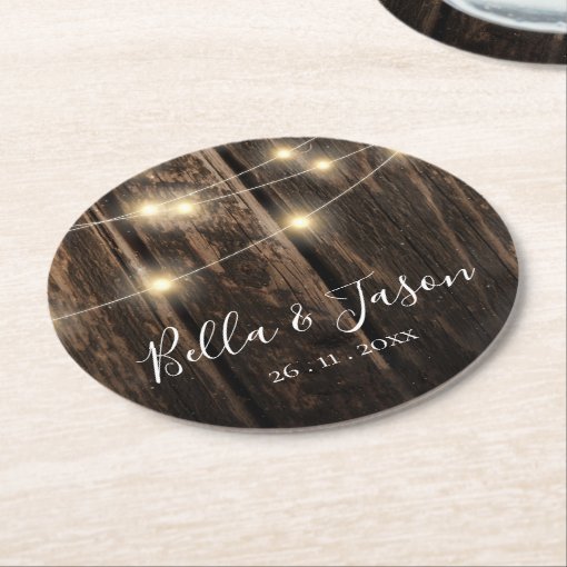 Rustic Barn Wood String Lights Wedding Party Round Paper Coaster | Zazzle