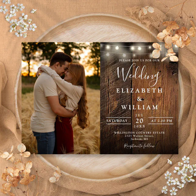 Rustic Barn Wood String Lights Wedding Photo Invitation | Zazzle