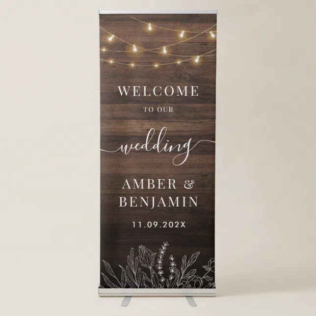 Rustic Barn Wood String Lights Wedding Retractable Banner | Zazzle