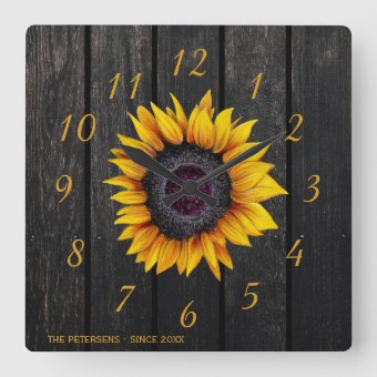 Rustic barn wood sunflower family farmhouse square wall clock | Zazzle