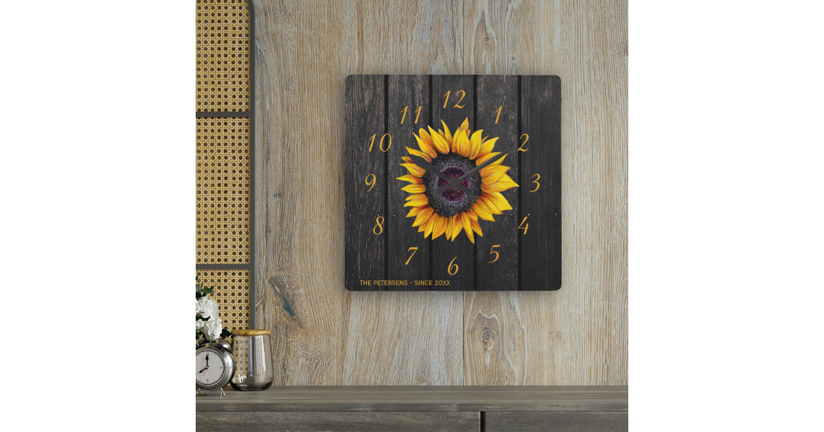 Rustic barn wood sunflower family farmhouse square wall clock | Zazzle