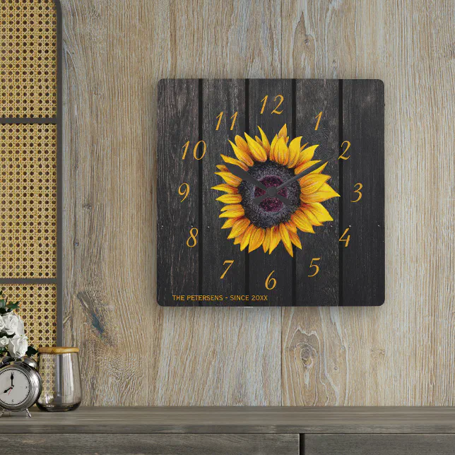 Rustic barn wood sunflower family farmhouse square wall clock | Zazzle