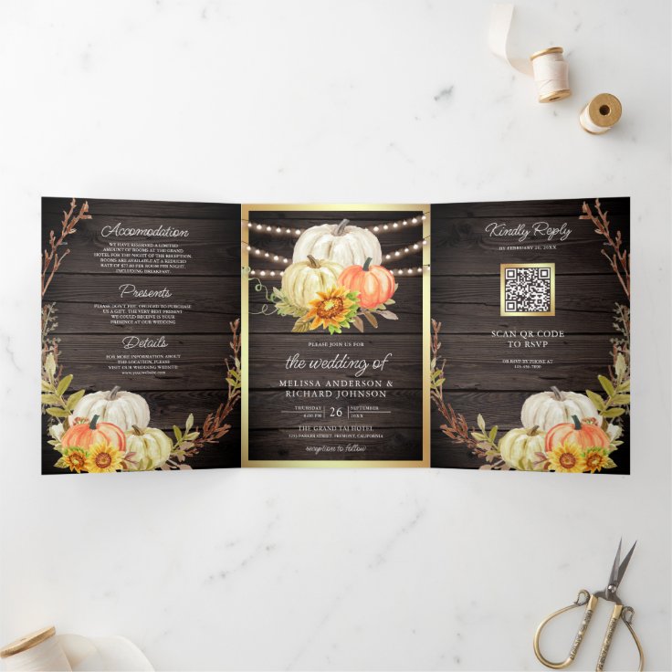 Rustic Barn Wood Sunflower Pumpkin QR Code Wedding Tri-Fold Invitation ...