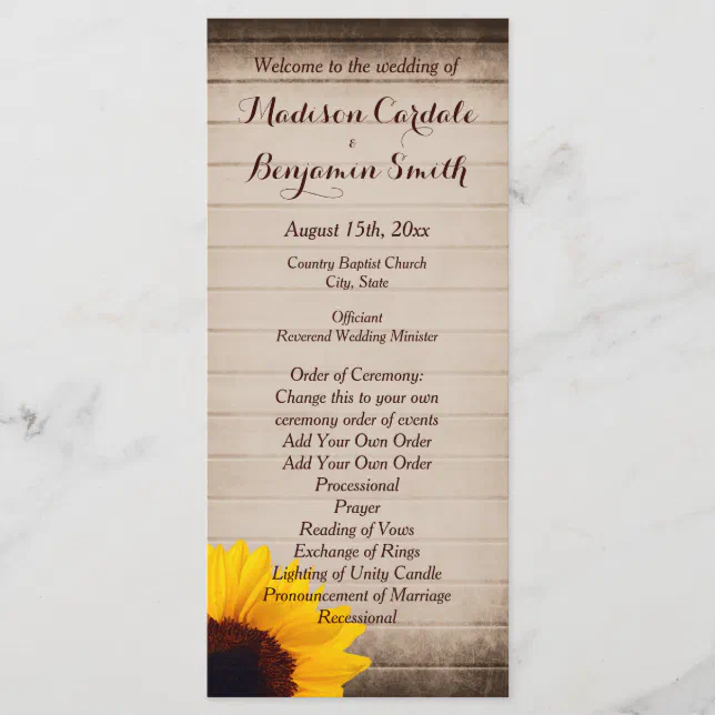 Rustic Barn Wood Sunflower Wedding Programs | Zazzle