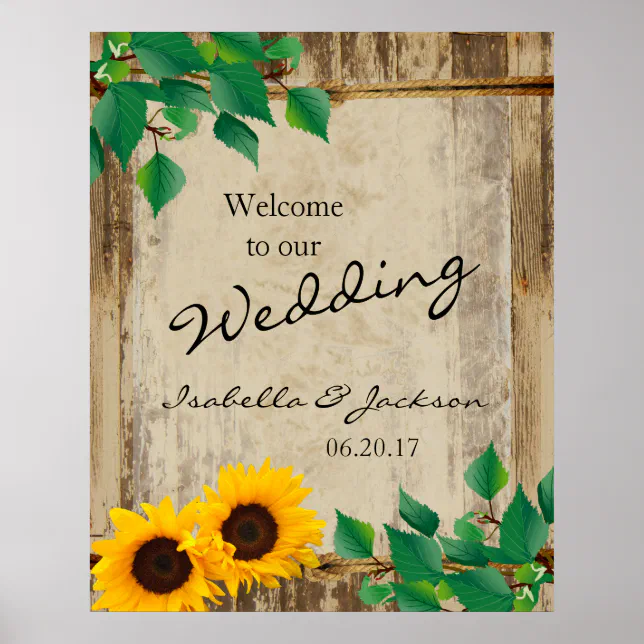 Rustic Barn Wood Sunflower Wedding Welcome Poster | Zazzle