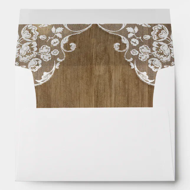 Rustic Barn Wood Texture and Vintage Lace Wedding Envelope | Zazzle