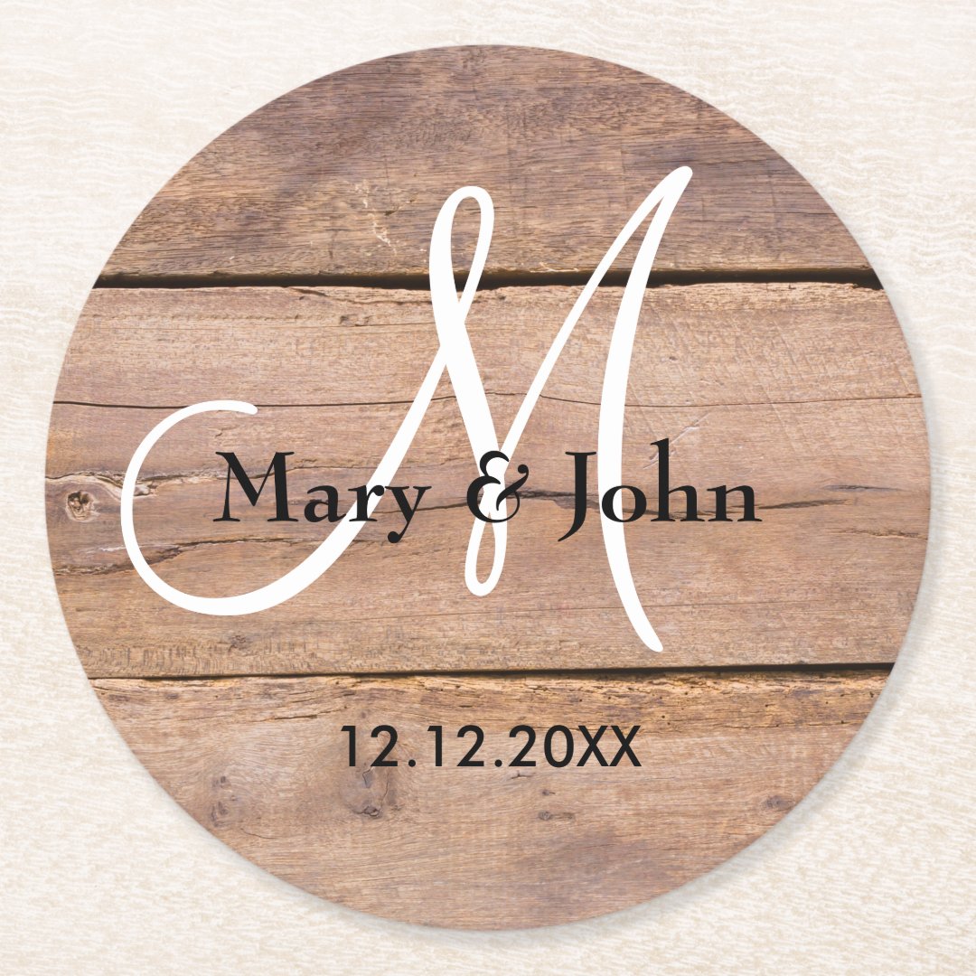 Rustic Barn Wood Wedding Monogram Round Paper Coaster | Zazzle