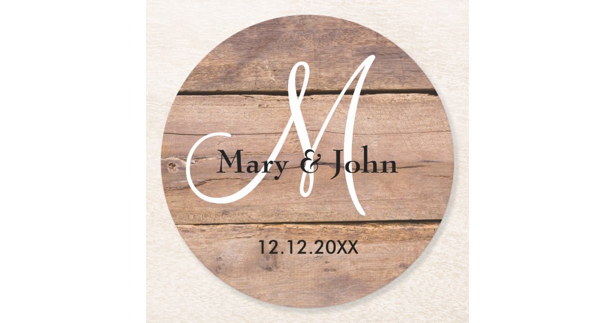 Rustic Barn Wood Wedding Monogram Round Paper Coaster | Zazzle