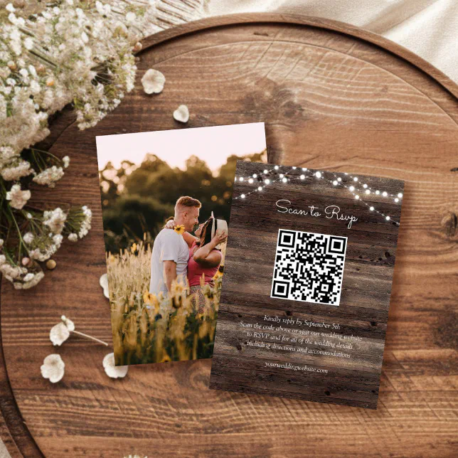 Rustic Barn Wood Wedding QR Code RSVP Enclosure Card | Zazzle