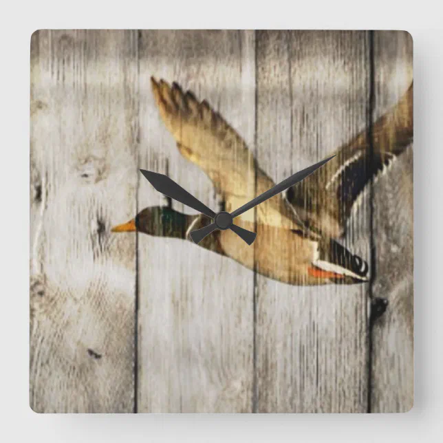 Rustic Barn wood Western Country flying Wild Duck Square Wall Clock ...