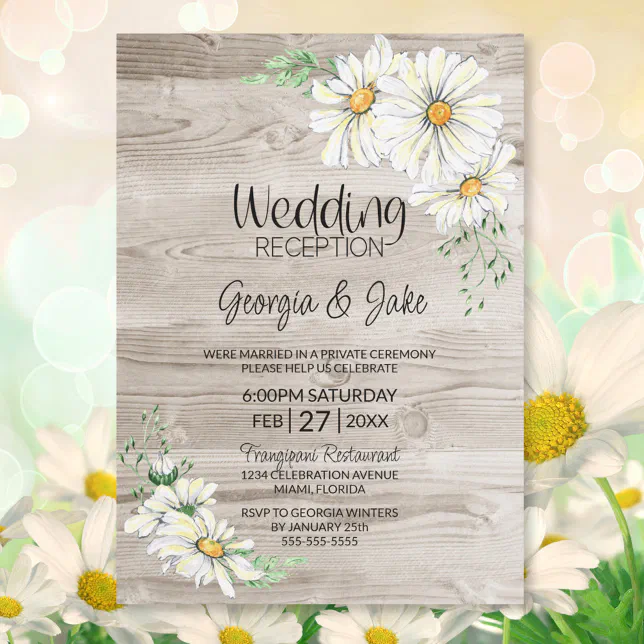 Rustic Barn Wood White Daisies Wedding Reception Invitation | Zazzle