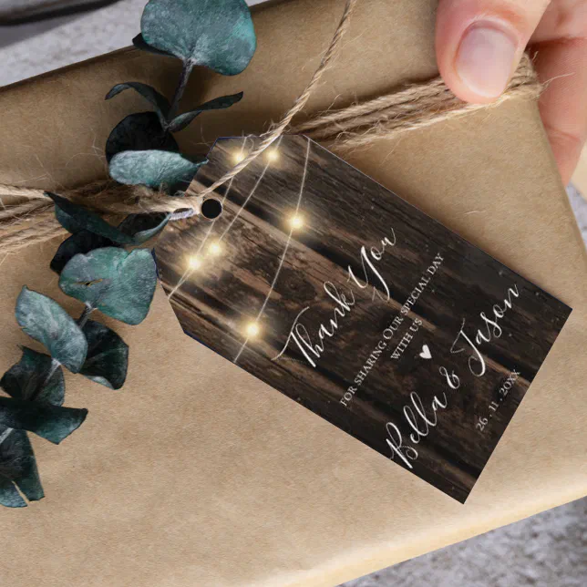 Rustic Barn Wood With String Lights Wedding Gift Tags | Zazzle