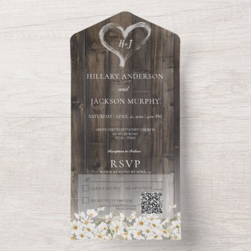 Rustic Barnwood & Daisies QR Code All In One Invitation | Zazzle
