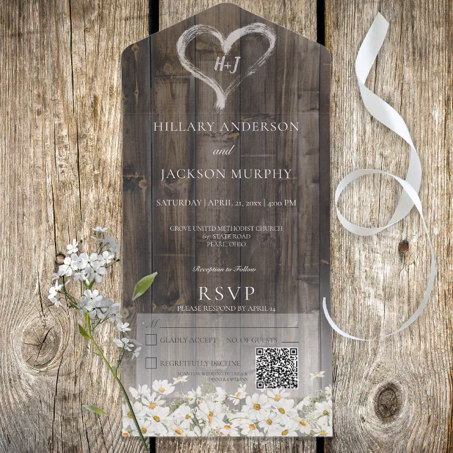 Rustic Barnwood & Daisies QR Code All In One Invitation | Zazzle