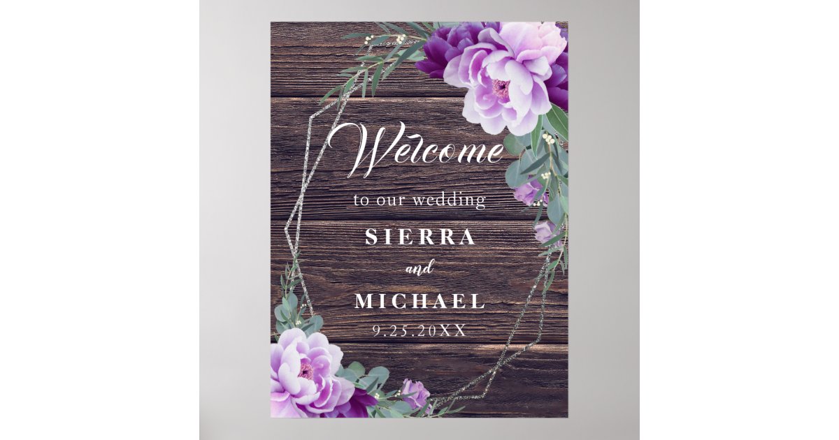 Rustic Barnwood Silver & Purple Floral Wedding Poster | Zazzle