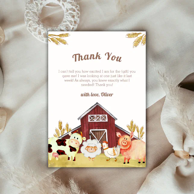 Rustic Barnyard Farm Animals Baby Shower Thank You Card | Zazzle