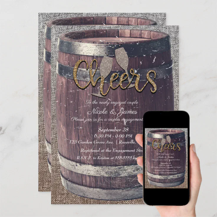 Rustic Barrel & Burlap Cheers Pub Engagement Party Invitation | Zazzle