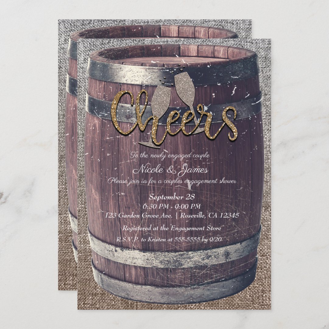Rustic Barrel & Burlap Cheers Pub Engagement Party Invitation | Zazzle