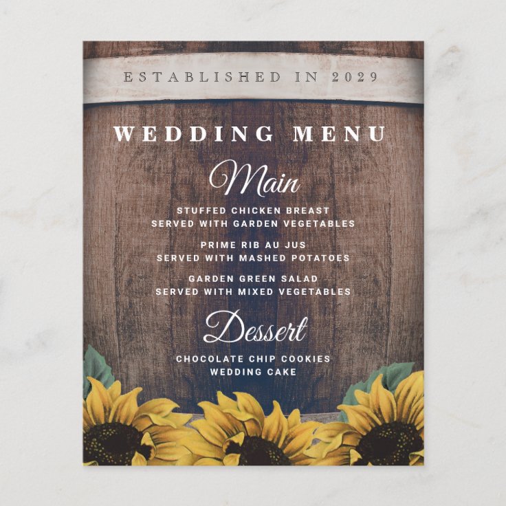 Rustic Barrel Vintage Sunflower Wedding Menu Cards | Zazzle