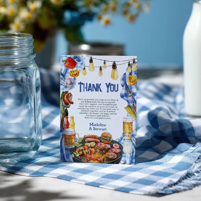 Rustic BBQ Summer Blue Plaid Baby-Q Shower Thank You Card | Zazzle