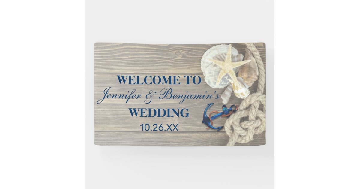 Rustic Beach Shell Navy Anchor Nautical Wedding Banner | Zazzle