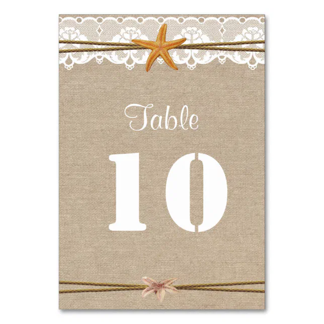 Rustic Beach Starfish Lace Wedding Table Number | Zazzle