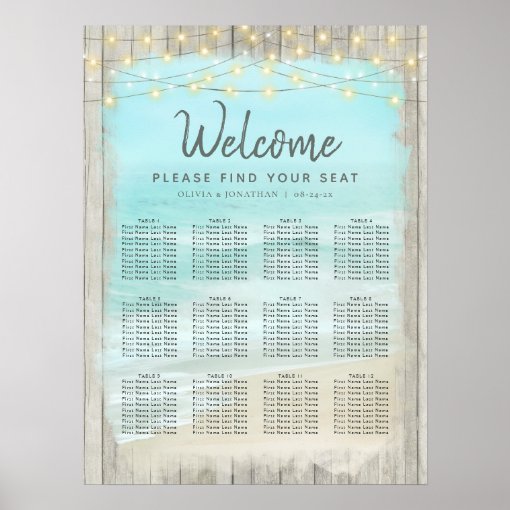 Rustic Beach String Lights Wedding Seating Chart | Zazzle