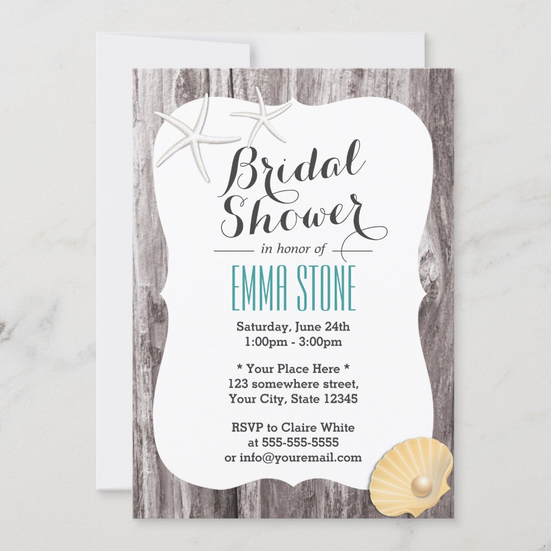 Rustic Beach Themed Wood Background Bridal Shower Invitation | Zazzle