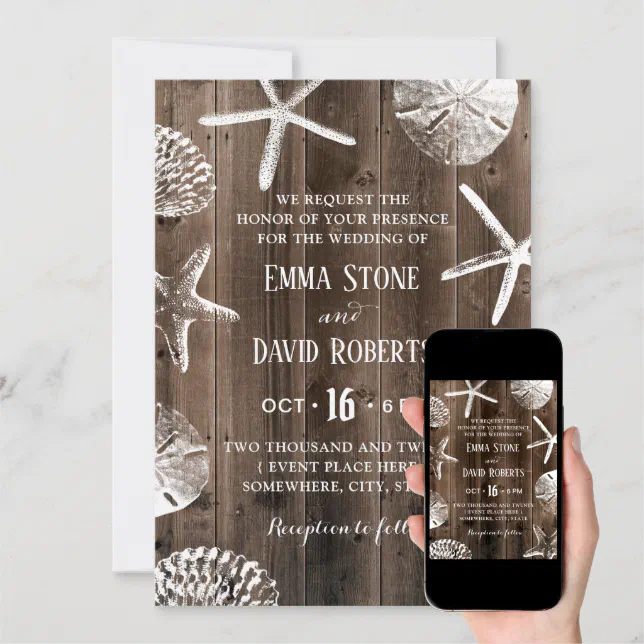 Rustic Beach Wedding Starfish & Seashell Barn Wood Invitation | Zazzle