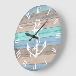 Rustic Beach Wood Nautical Stripes & Anchor Large Clock | Zazzle