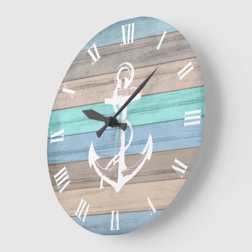 Rustic Beach Wood Nautical Stripes & Anchor Large Clock | Zazzle